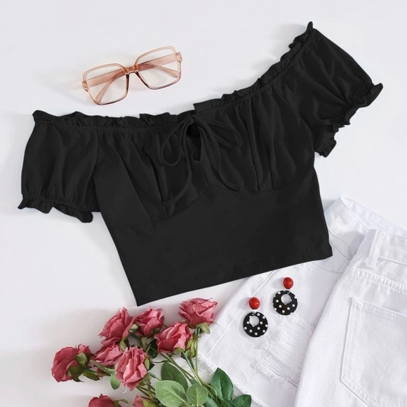 SHEIN | Tops | Off Shoulder Frill Trim Knot Front Top | Poshmark